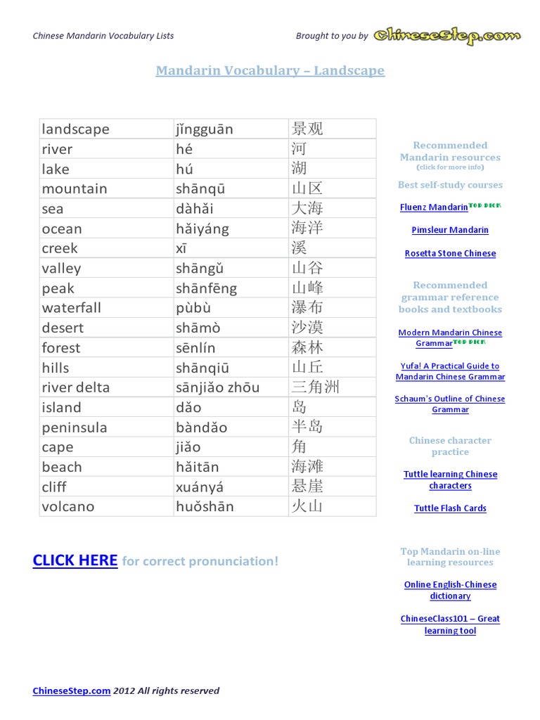 Mandarin Vocabulary: Landscape Terms | PDF | Language Arts & Discipline