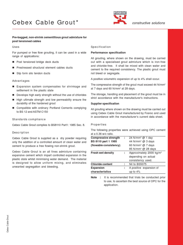 Cebex Cable Grout - Fosroc | PDF | Prestressed Concrete | Concrete