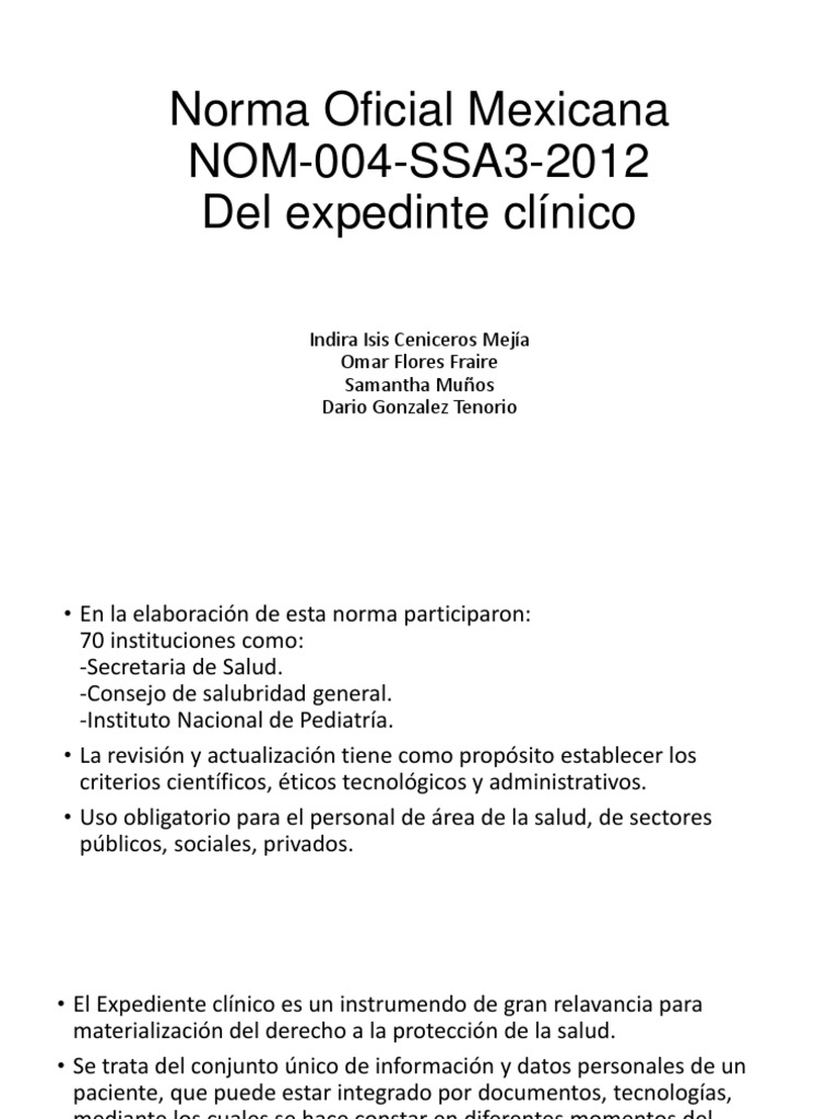Norma Oficial Mexicana NOM-004-SSA3-2012 | PDF | Cirugía | Historial médico