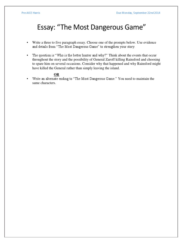 "The Most Dangerous Game" Essay Prompts | PDF | General Fiction