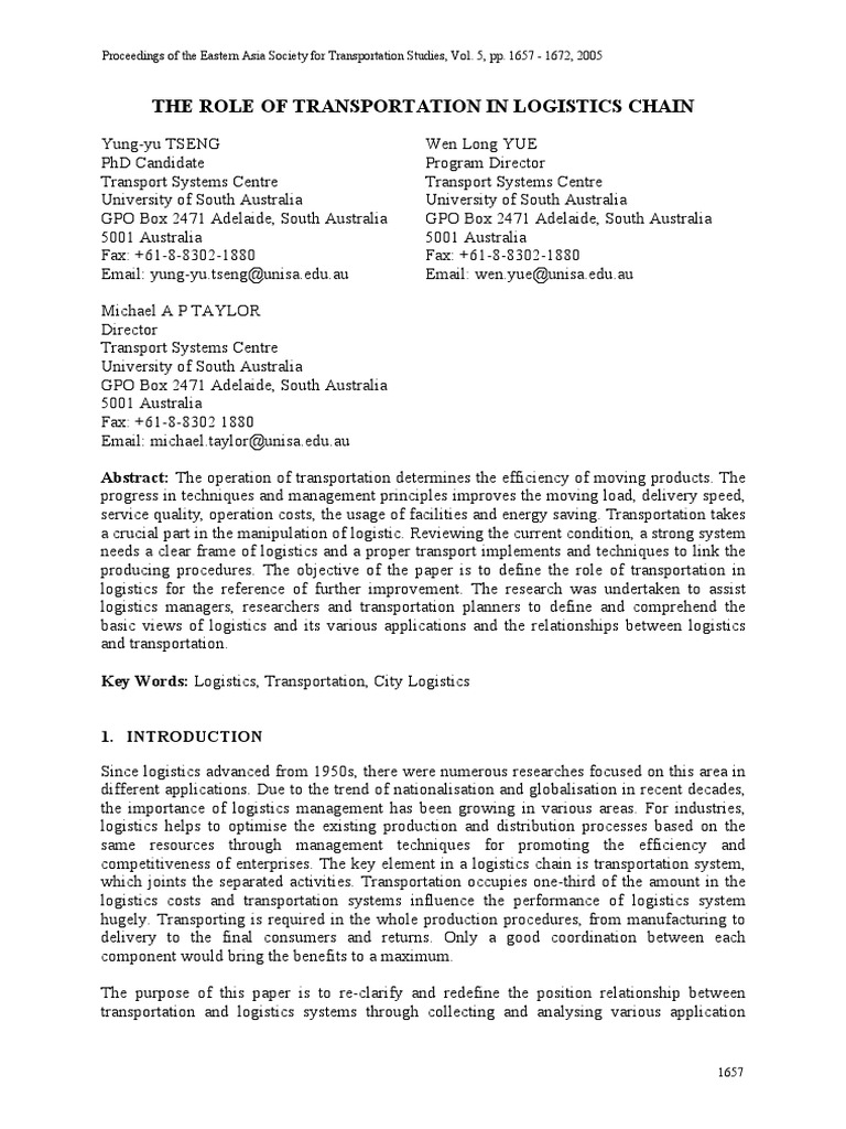 Transportation's Role in Logistics Efficiency | PDF | Supply Chain ...