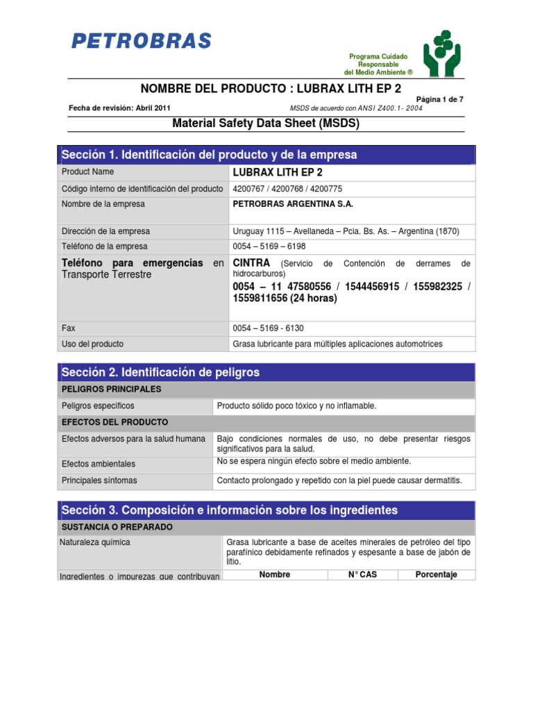 Grasa Ep2-Ficha Seguridad | Solubilidad | Solvente