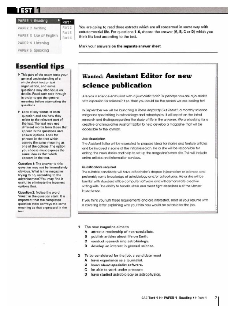 Exam Essentials CAE Test 1 | PDF