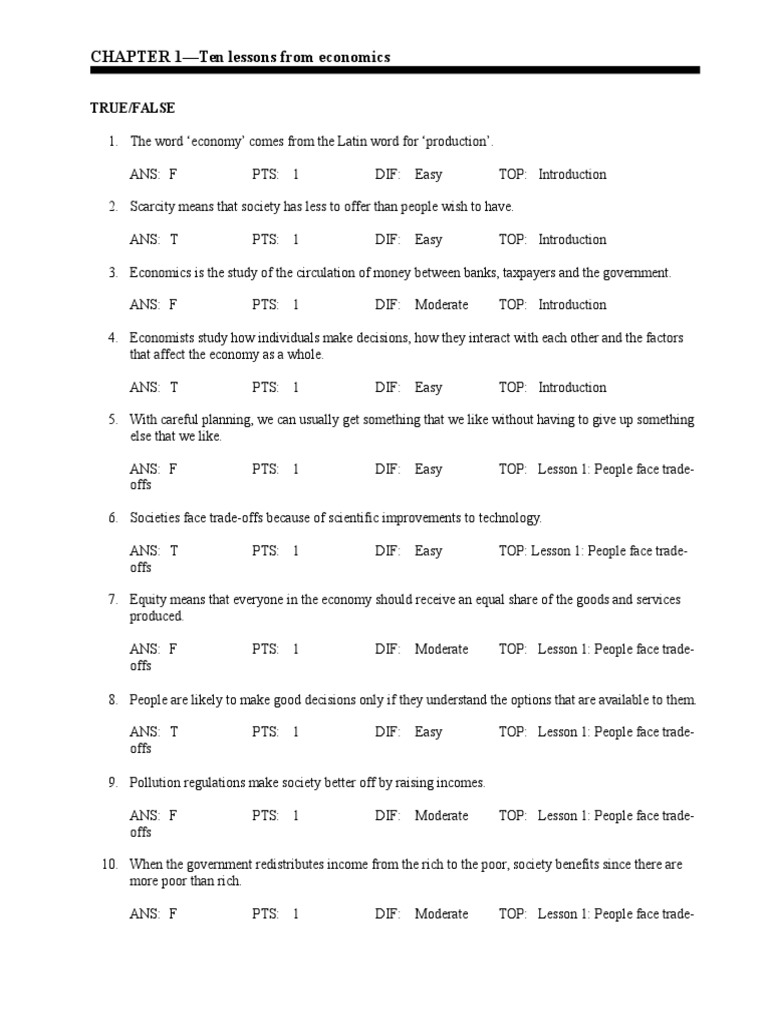 CHAPTER 1-Ten Lessons From Economics: True/False | PDF | Economics ...