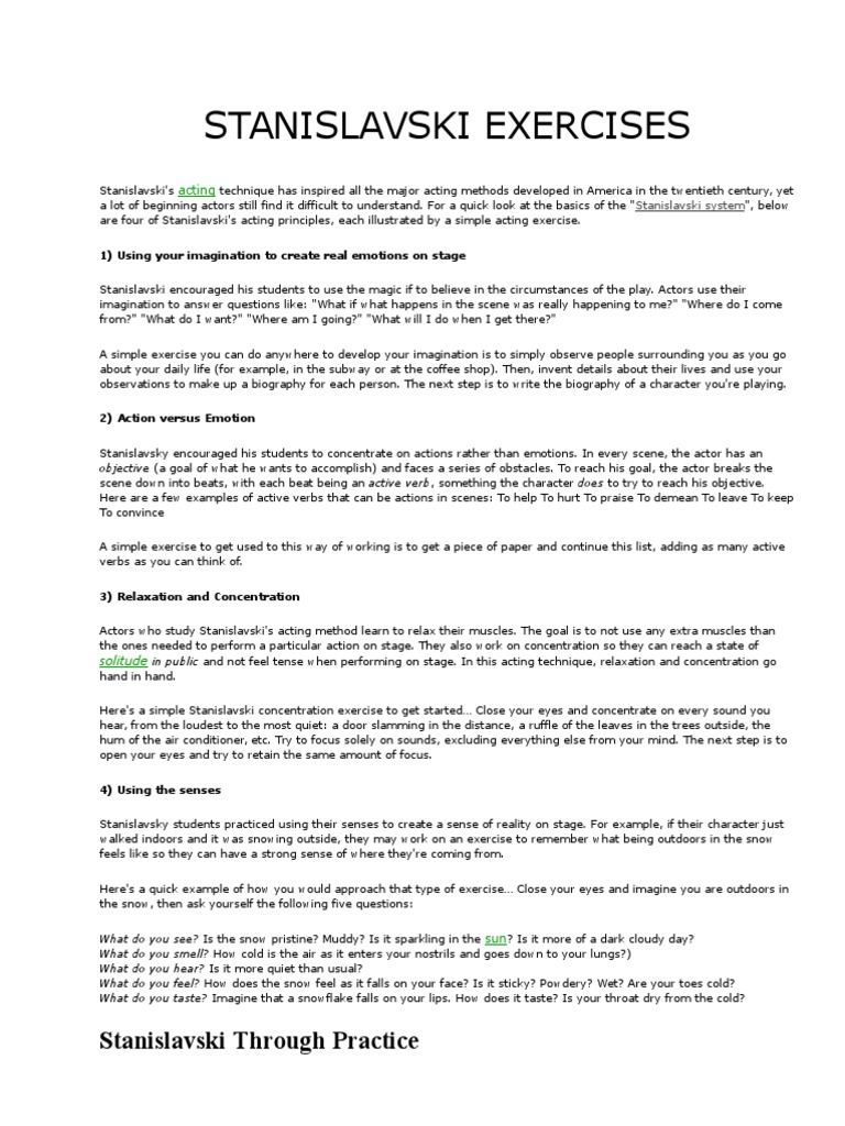 Stanislavski Exercises | PDF | Senses | Storytelling