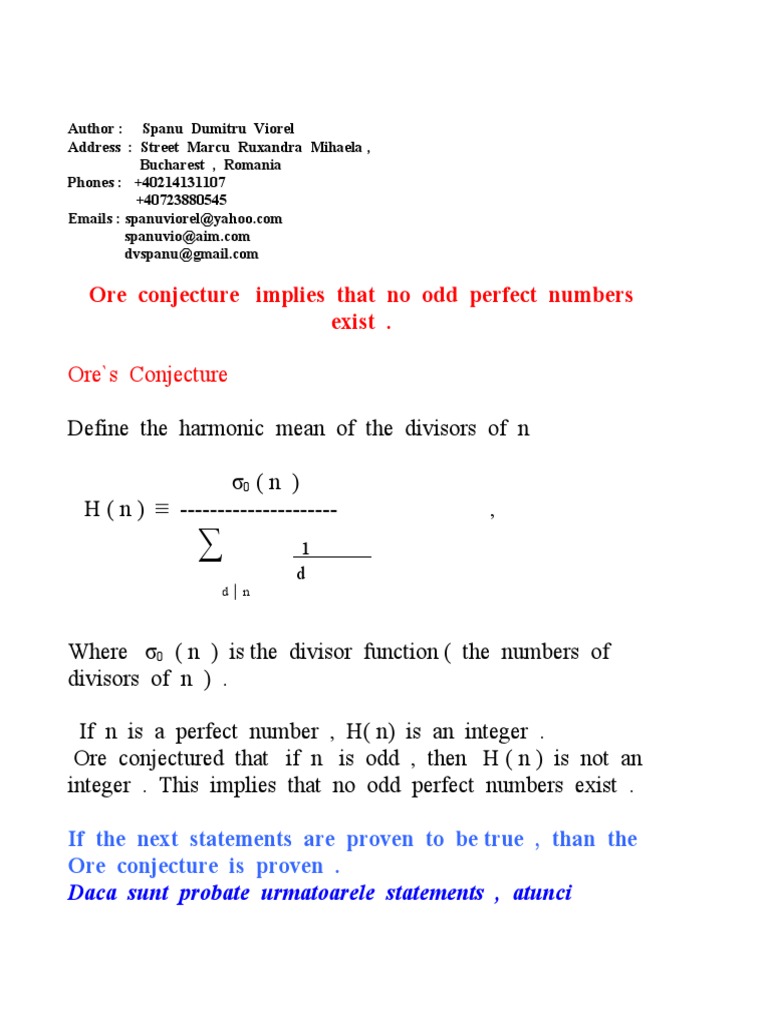 Ore's Conjecture on Odd Perfect Numbers | PDF