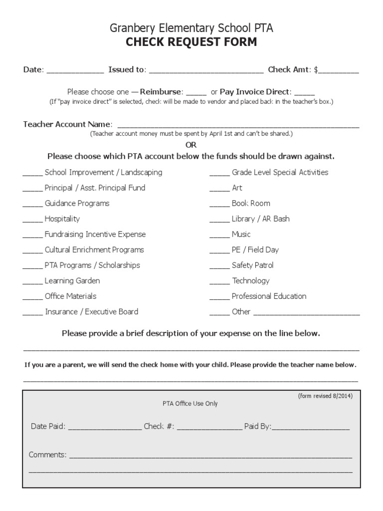 Check Request Form: Granbery Elementary School PTA | PDF
