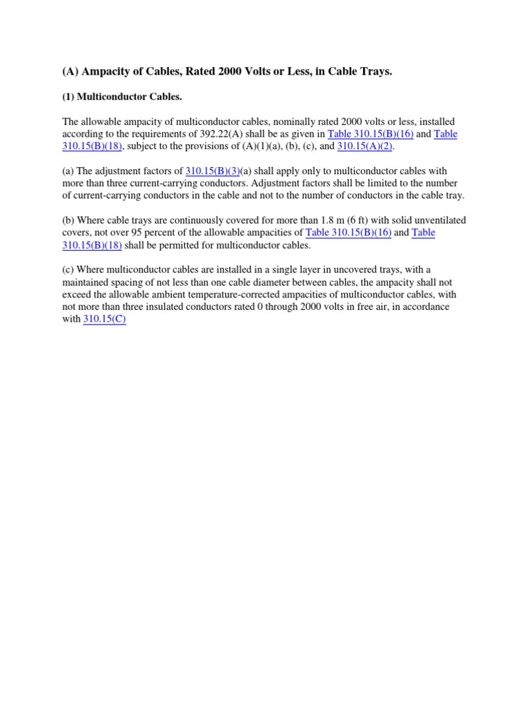 (A) Ampacity of Cables, Rated 2000 Volts or Less, in Cable Trays | PDF ...