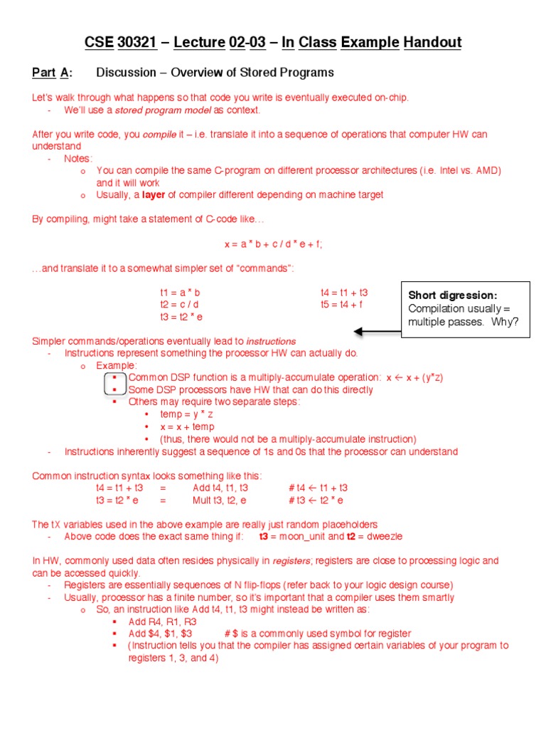 CSE 30321 - Lecture 02-03 - in Class Example Handout: Discussion - Overview of Stored Programs ...