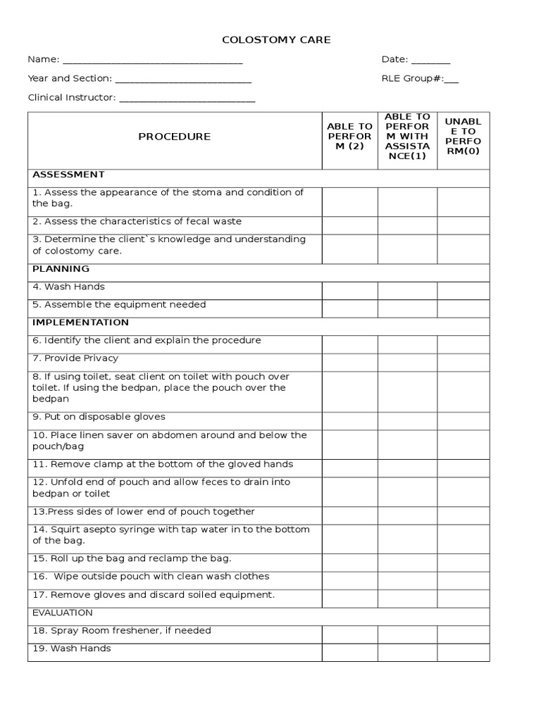 Colostomy Care Checklist | PDF | Breathing | Feces