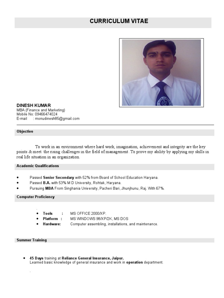 Dinesh Kumar's MBA Resume Overview | PDF