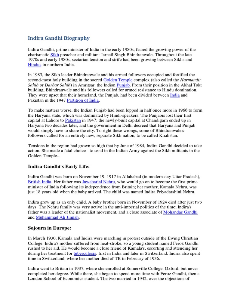 Indira Gandhi Biography | PDF | Indian National Congress | Sikh