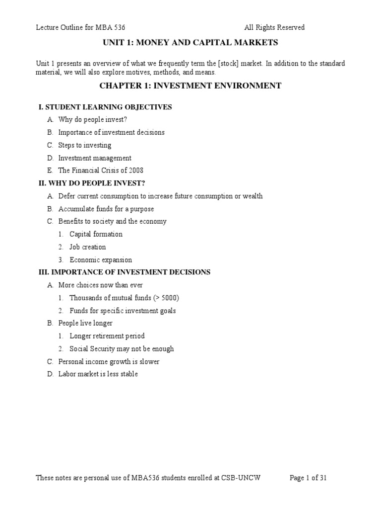 Unit 1: Money and Capital Markets: I. Student Learning Objectives | PDF ...