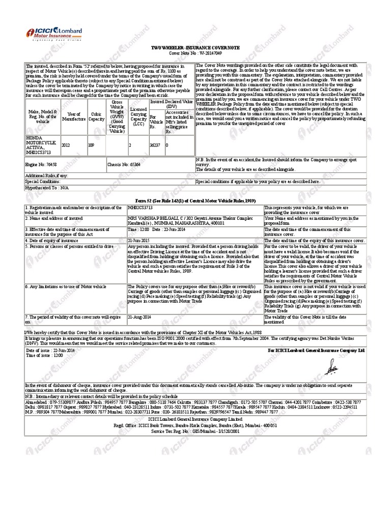 Two Wheeler Insurance Cover Note | PDF | Vehicles | Insurance