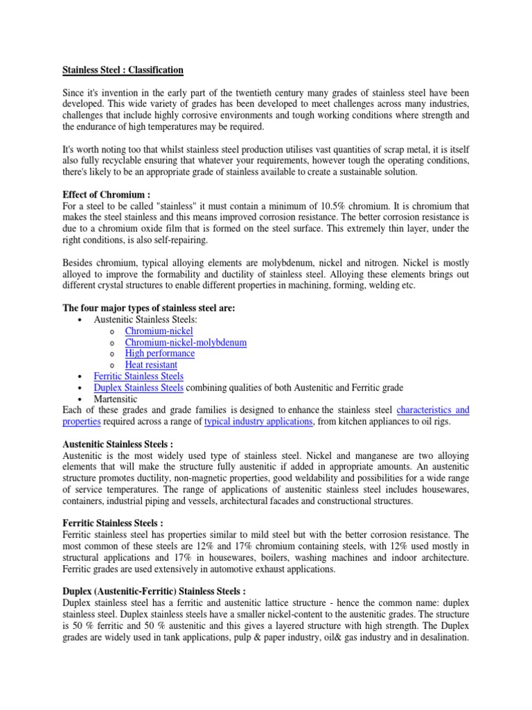 Stainless Steel Classification | PDF | Stainless Steel | Steel
