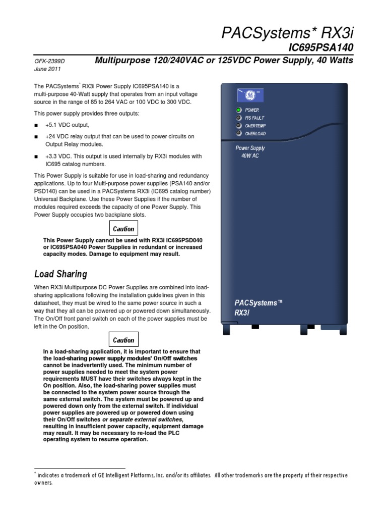Pacsystems Rx3I: Ic695Psa140 | PDF | Power Supply | Switch