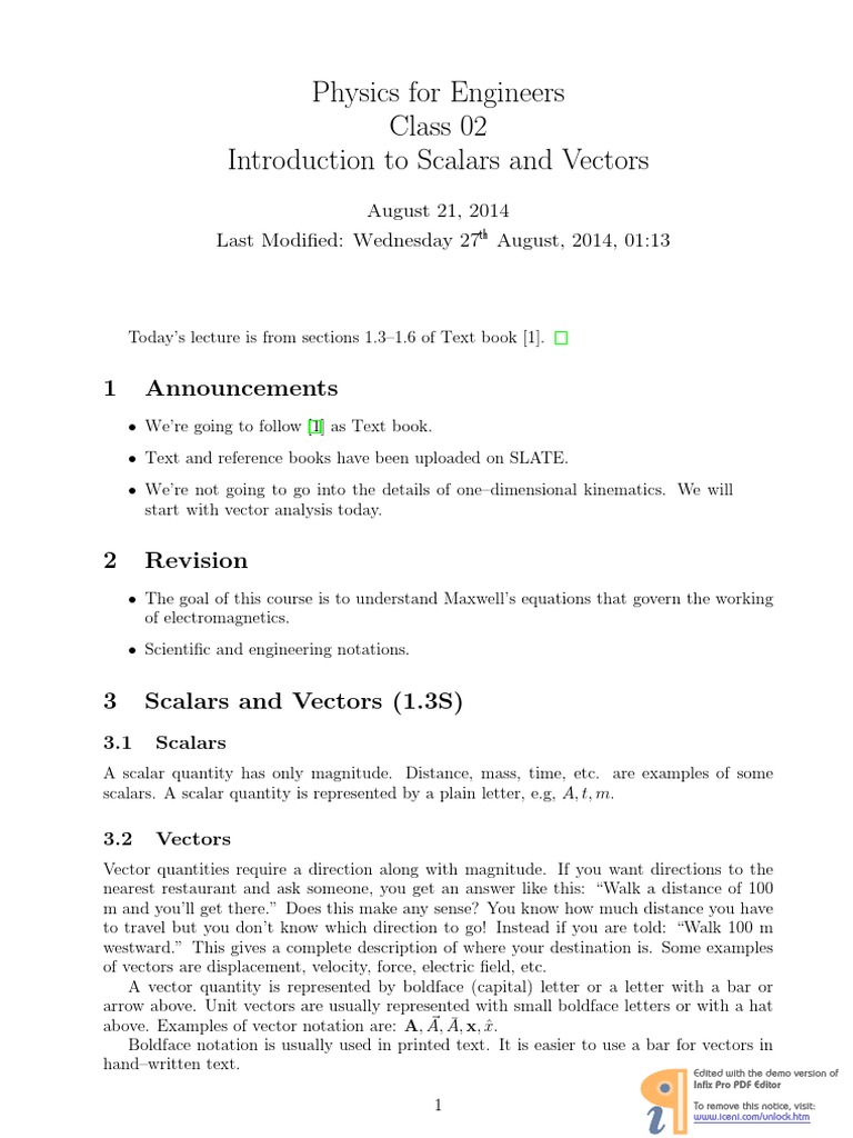 Physics 02 Introduction To Scalars and Vectors 27-08-2014 | PDF | Scalar (Mathematics ...