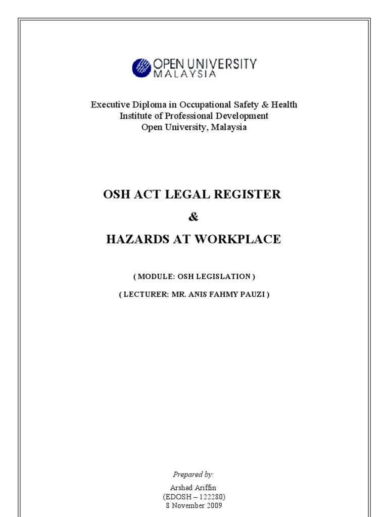 OSH Act Legal Register Overview | PDF | Occupational Safety And Health ...