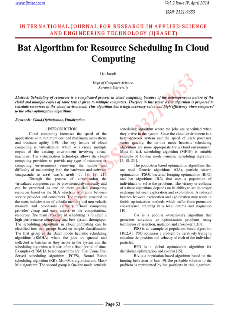 Bat Algorithm For Resource Scheduling In Cloud Computing Pdf Mathematical Optimization