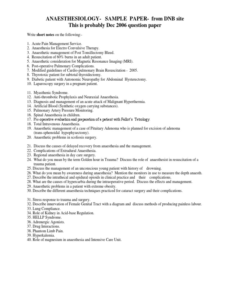 DNB India Anaesthesia - Sample Paper | PDF | Anesthesia | Surgery