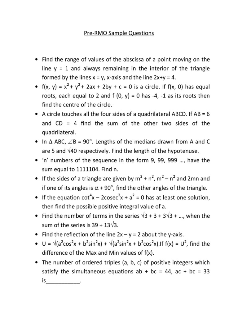 Pre Rmo Sample Questions | PDF | Triangle | Trigonometric Functions