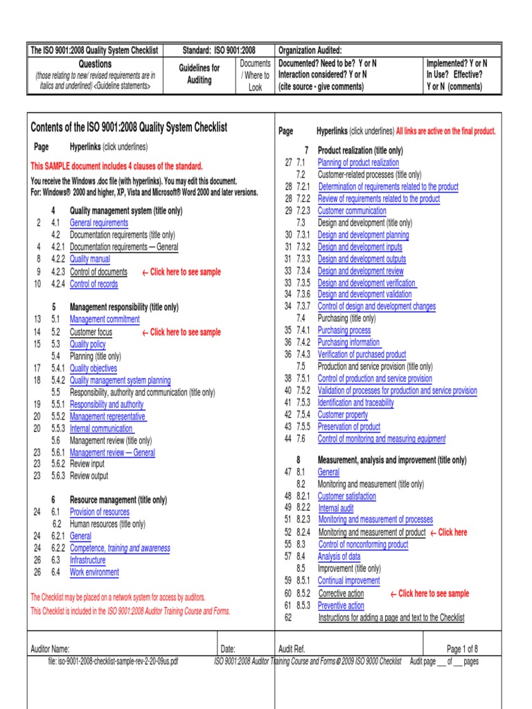 Iso 9001 2008 Checklist Sample Rev 2-20-09us | Iso 9000 | Quality ...