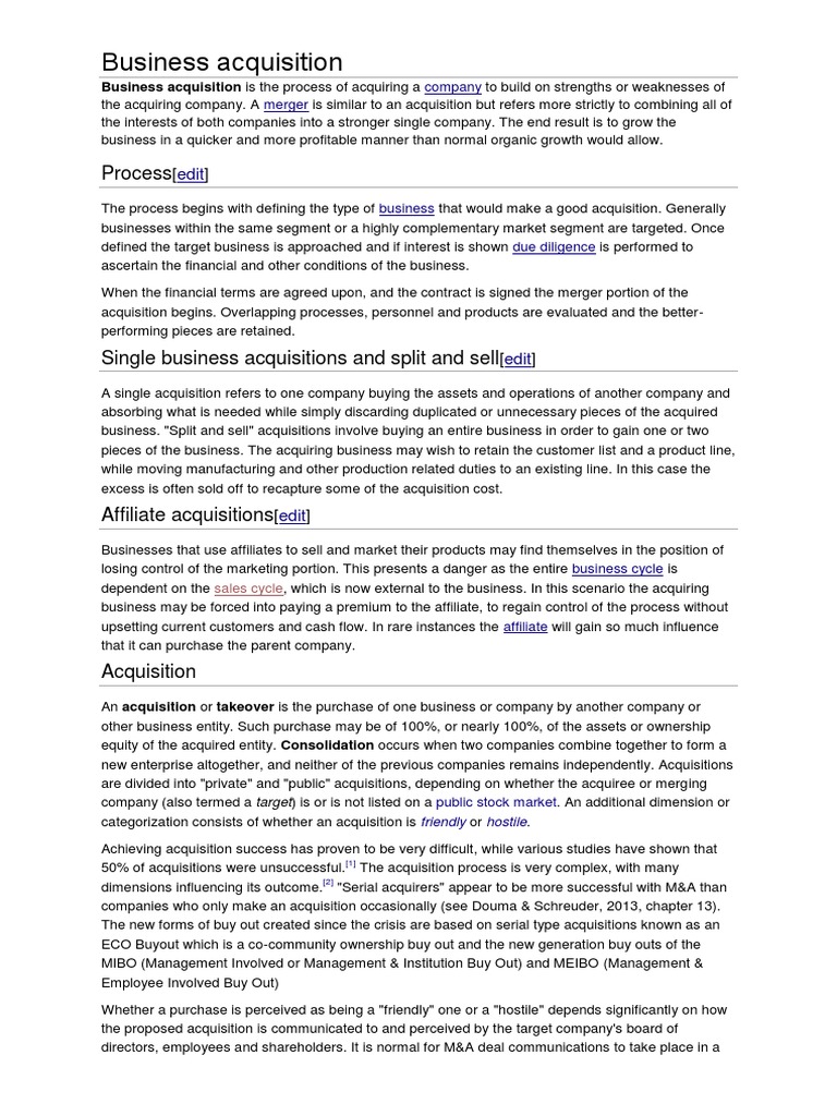 Business Acquisition Process Pdf Mergers And Acquisitions Stocks