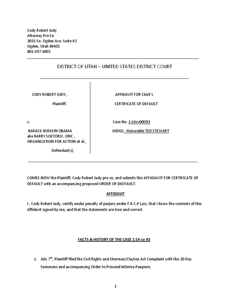 Affidavit for Default Certificate | PDF | Summons | Complaint