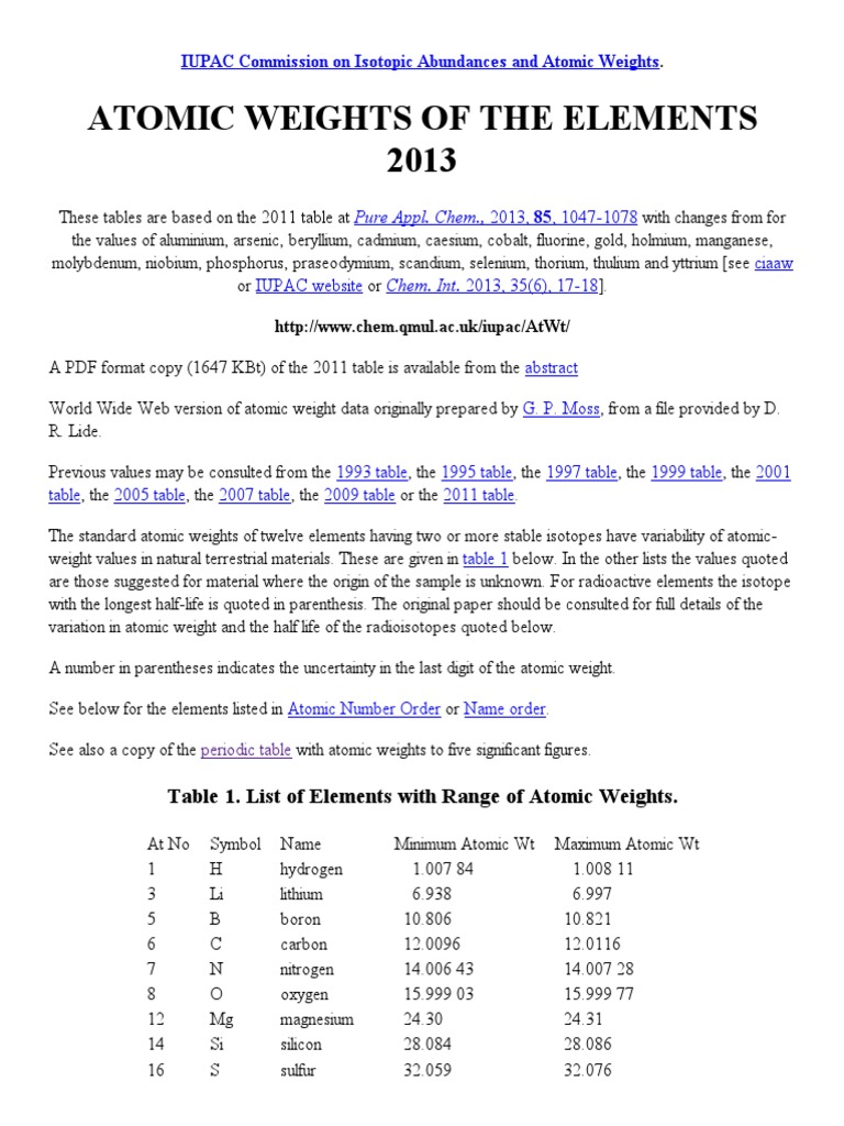 ATOMIC WEIGHTS OF THE ELEMENTS 2013 | PDF | Chemical Elements | Isotope