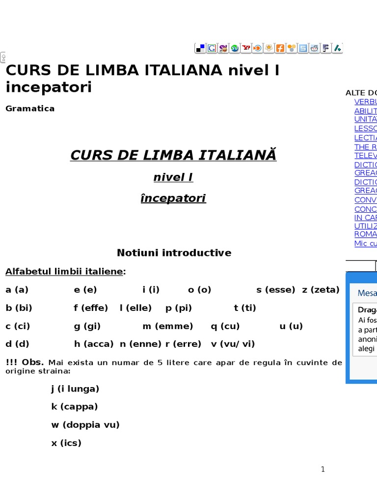 Curs de Limba Italiana Nivel I Incepatori | PDF
