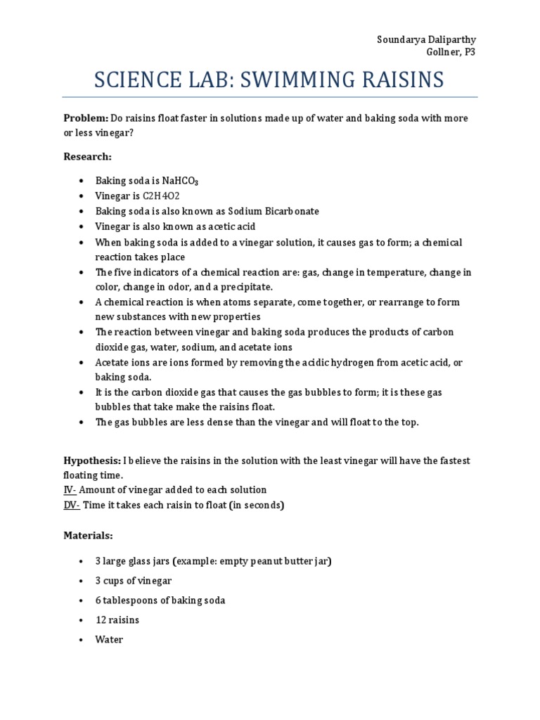 Chemistry - Swimming Raisins Lab | PDF | Sodium Bicarbonate | Sodium ...