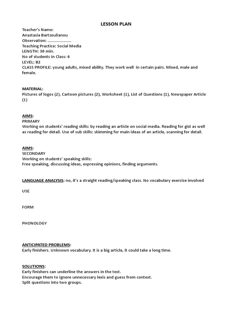 Lesson Plan Package - B2 - Social Media | PDF | Lesson Plan | Second ...