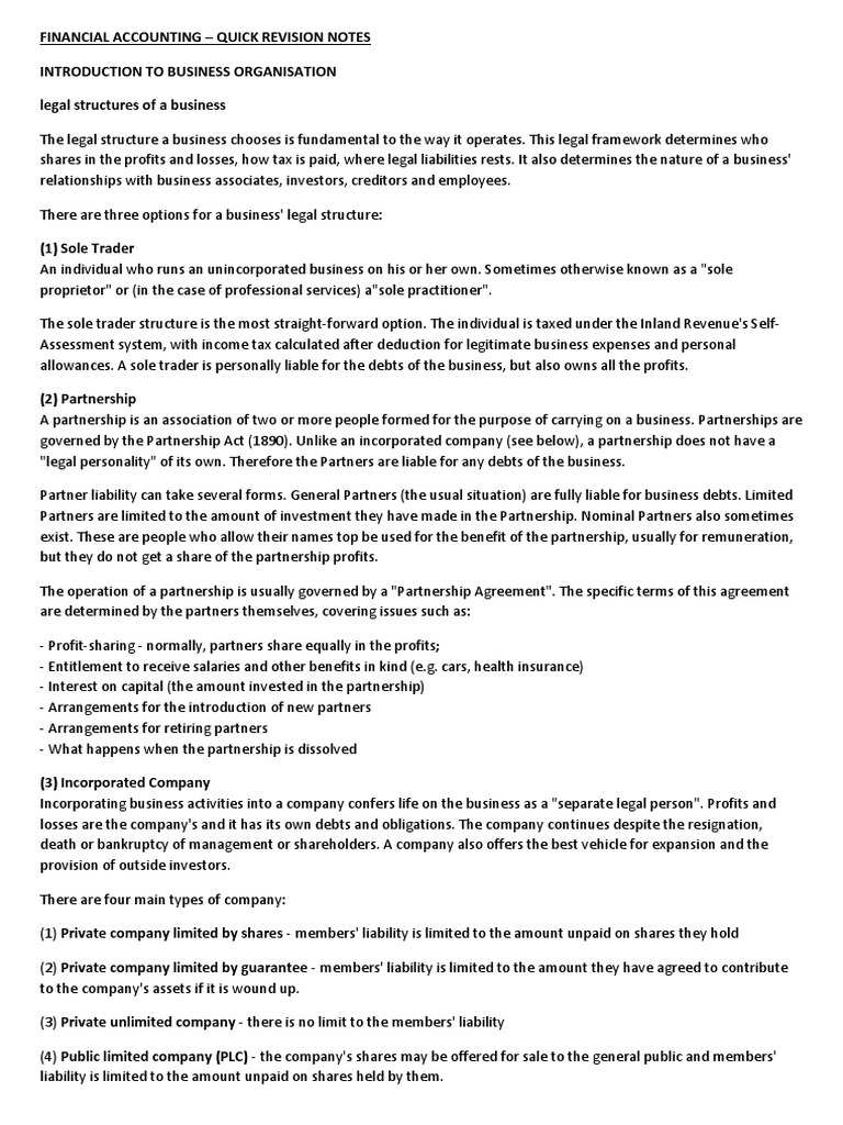Financial Accounting - Quick Revision Notes Introduction To Business ...
