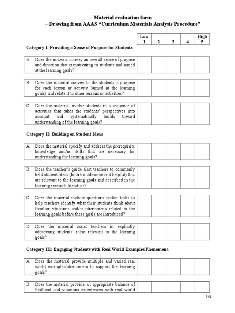 Material Evaluation Form - Drawing From AAAS "Curriculum Materials ...