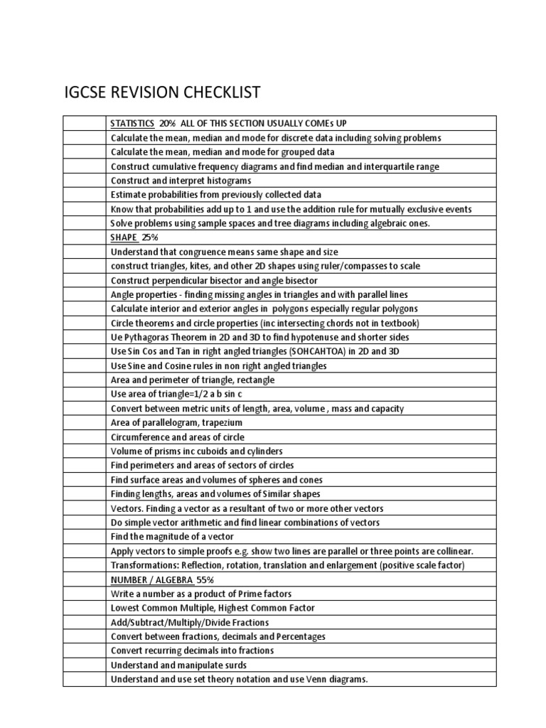 Revision Checklist For iGCSE Maths | PDF | Fraction (Mathematics) | Triangle