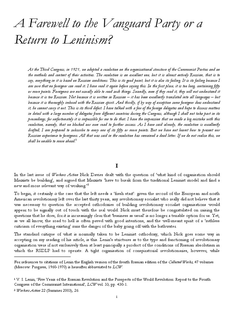 A Farewell To The Vanguard Party | PDF | Vladimir Lenin | Socialism