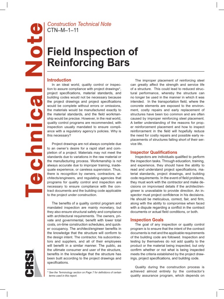 Field Inspection of Reinforcing Bars: CTN-M-1-11 | Download Free PDF ...