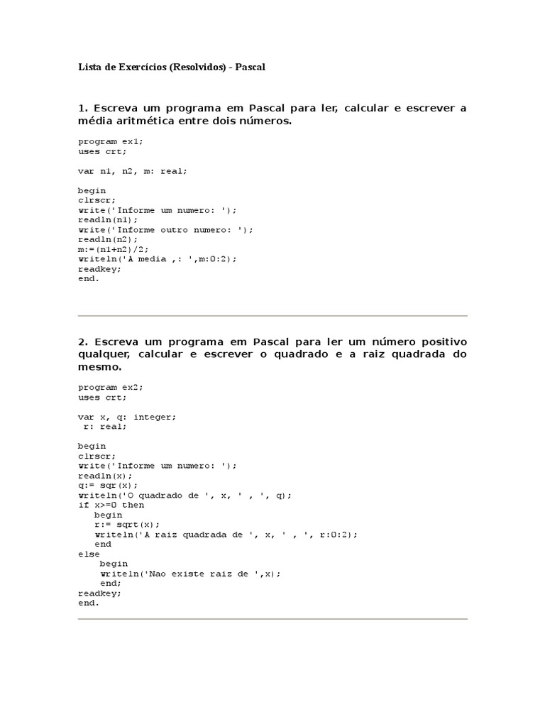 Lista de Exercícios Resolvidos - Pascal | PDF | Programação de ...