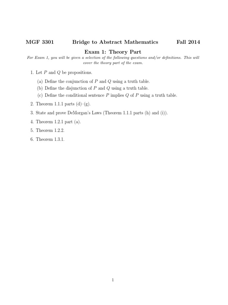 MGF 3301 Bridge To Abstract Mathematics Fall 2014 Exam 1: Theory Part ...