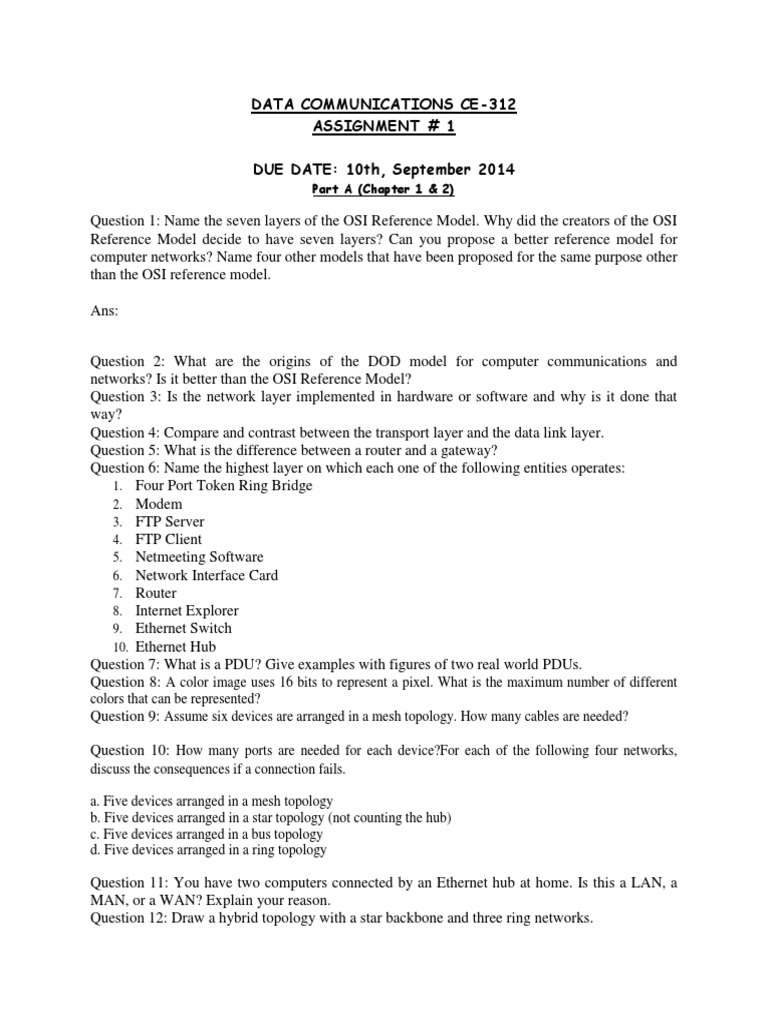 Data Communications Ce 312 Assignment 1 Due Date 10th September 2014 Download Free Pdf