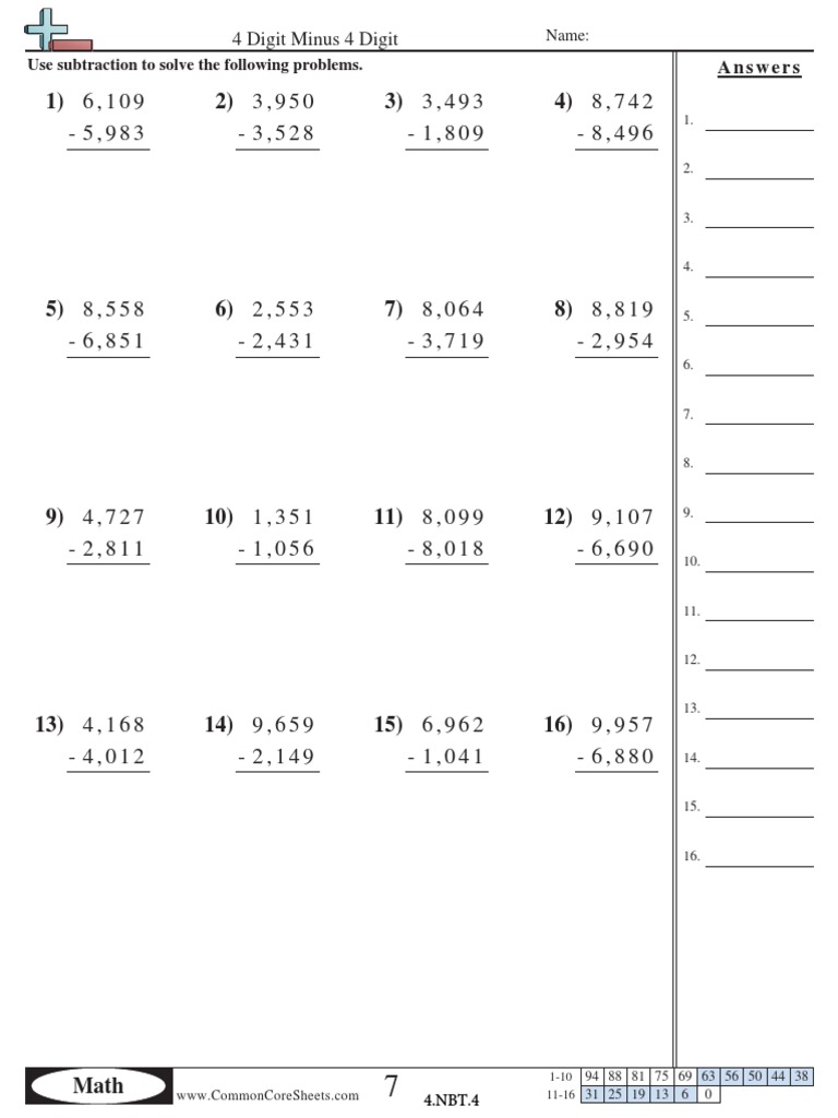 4-Digit Subtraction Practice Sheets | PDF | Arithmetic | Teaching ...