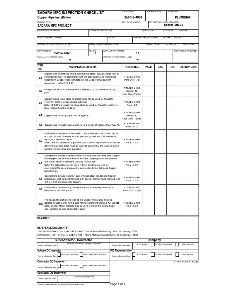 Sadara MFC Inspection Checklist: Copper Pipe Installation SMIC-S-4050 ...