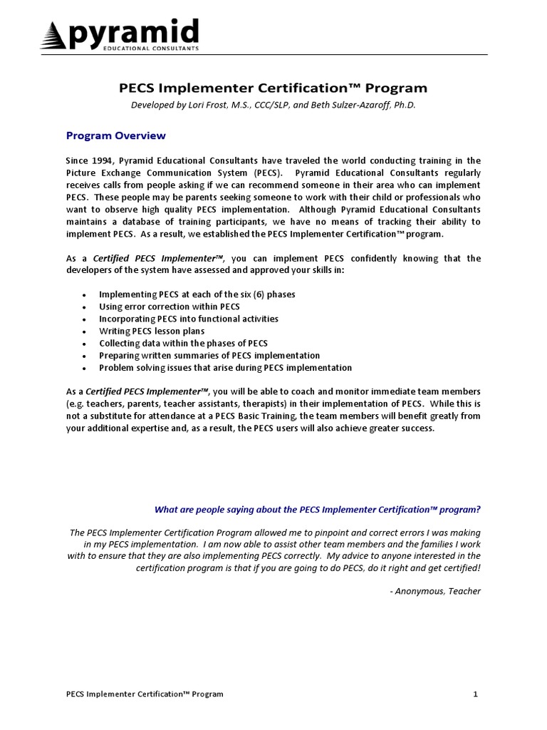 PECS Implementer Certification Introduction A4 | PDF | Professional Certification | Business