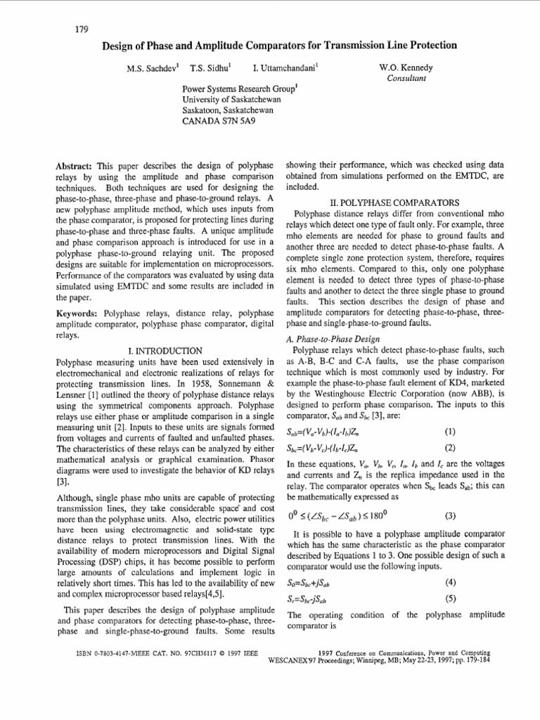 Design Phase and Amplitude Comparators For Transmission Line Protection ...