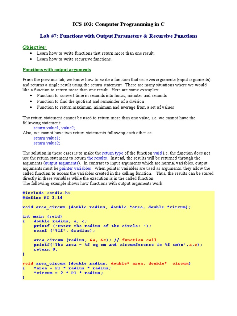 Lab 7 Functions With Output Parameters And Recursive Functions Pdf Parameter Computer