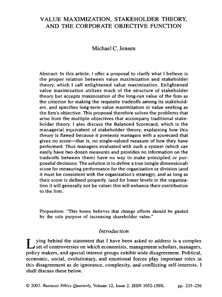 Value Maximization, Stakeholder Theory, and The Corporate Objective ...