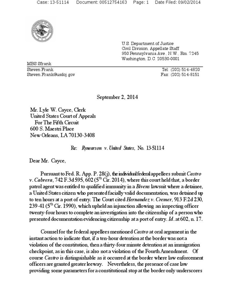 28J Letter in Rynearson V United States of America, Et Al | Download ...