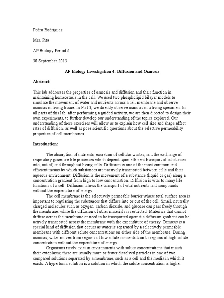 AP Bio Lab - Diffusion - Osmosis | PDF | Diffusion | Unit Operations