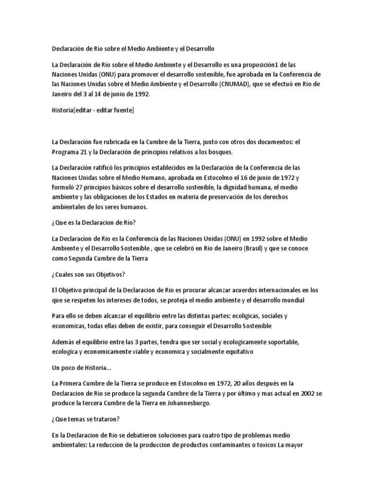 Declaración de Río Sobre El Medio Ambiente y El Desarrollo | PDF ...