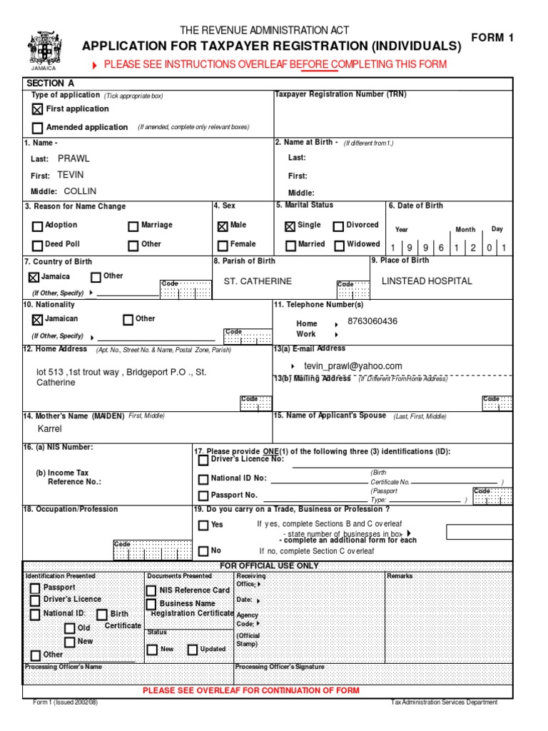 Application For Taxpayer Registration (Individuals) : Please See ...